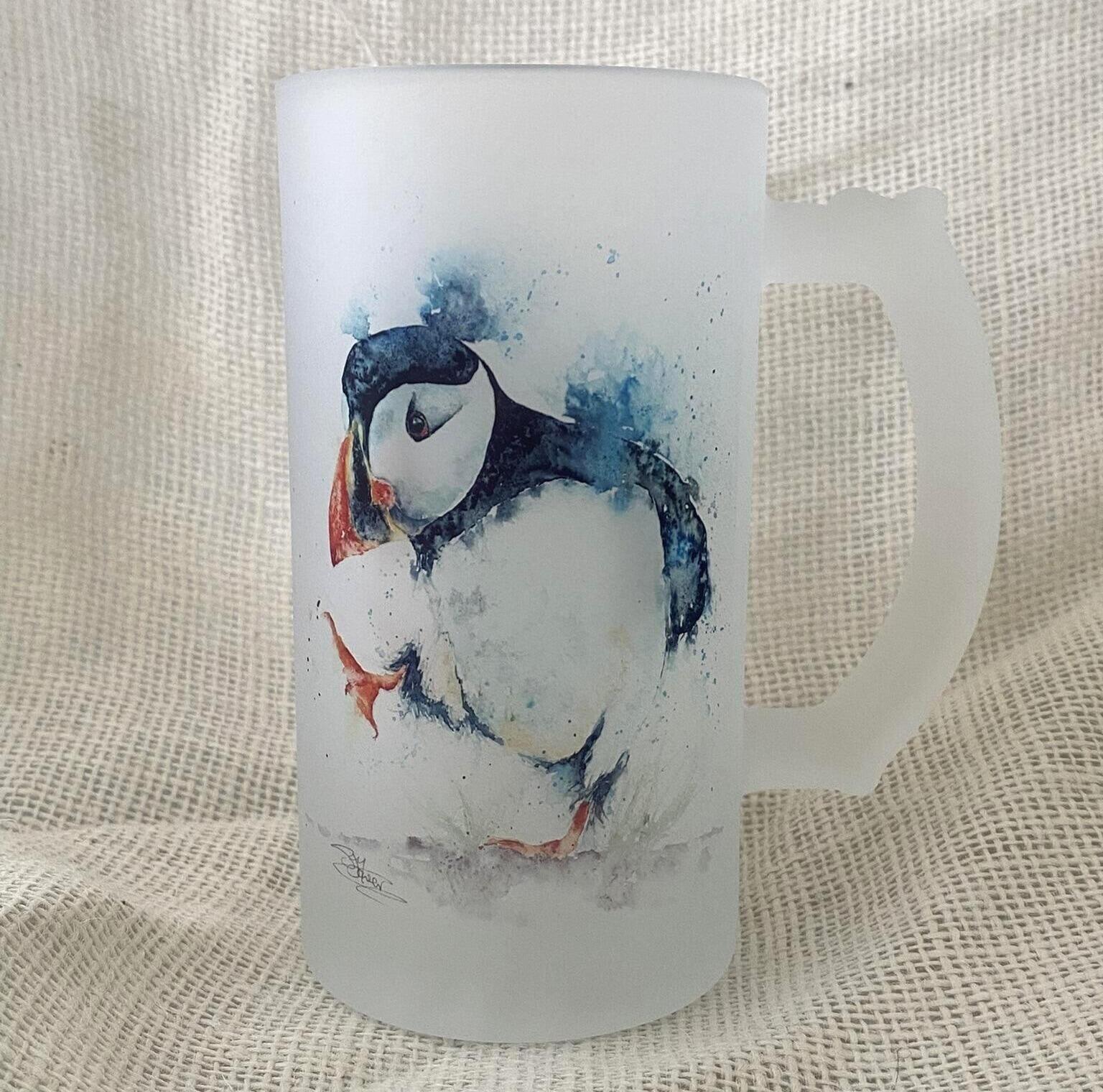 Puffin Glass Beer Stein | Wildlife Watercolours by Artist Sandi Mower