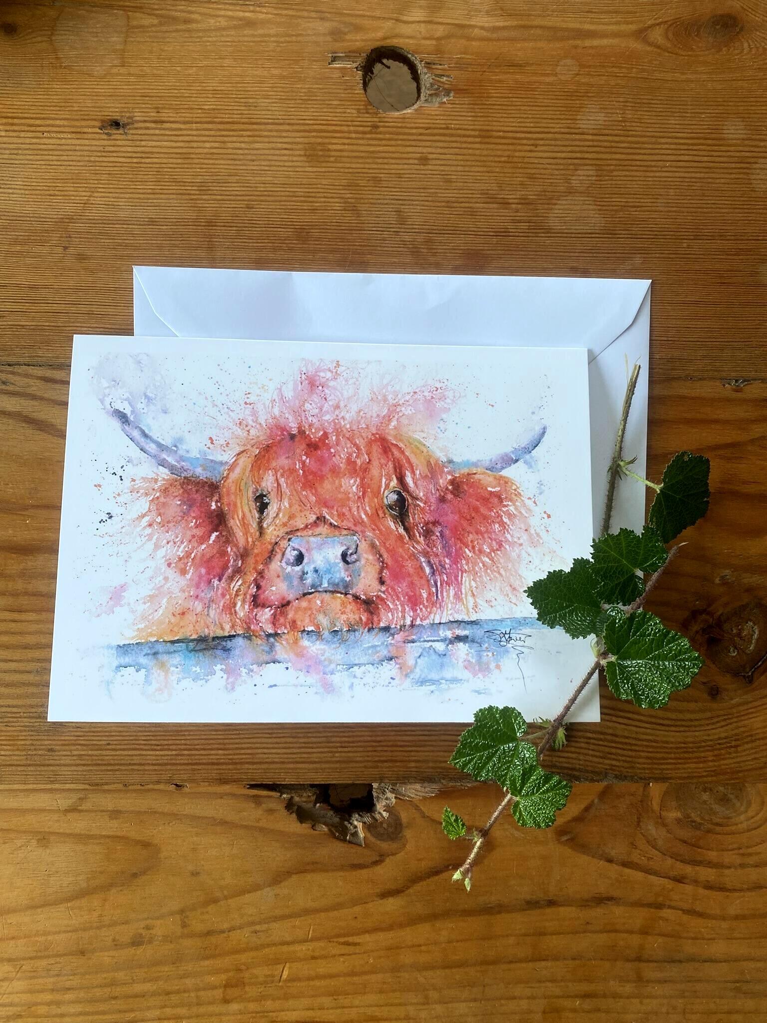 Highland Cow Watercolour Design Greetings Card by Sandi Mower