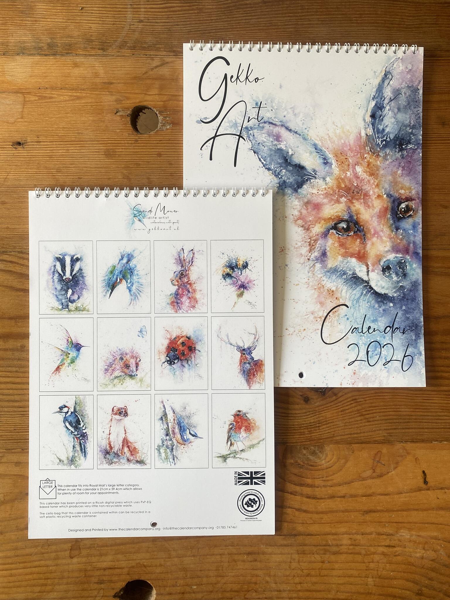 2026 Wildlife Art Calendar by Watercolour Artist Sandi Mower