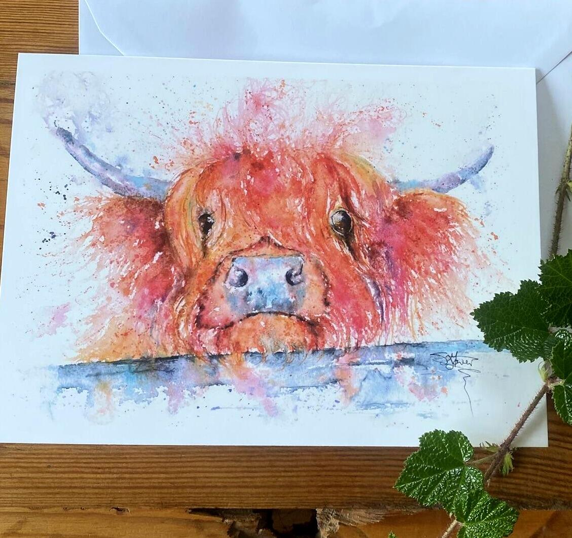 Highland Cow Watercolour Design Greetings Card by Sandi Mower