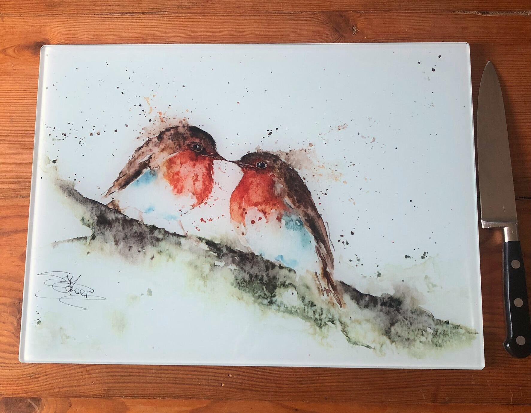 Robins Kiss Watercolour | Glass Worktop Saver | Gekko Art