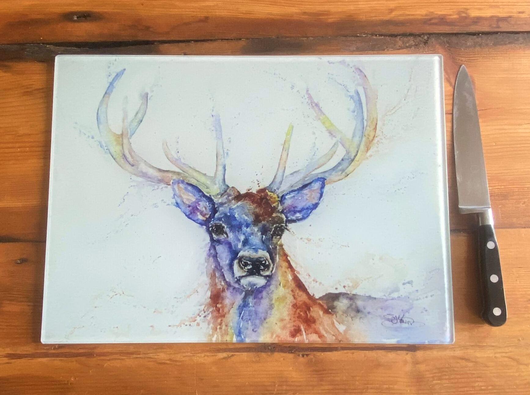 Stag Watercolour | Glass Worktop Saver | Sandi Mower Wildlife Artist