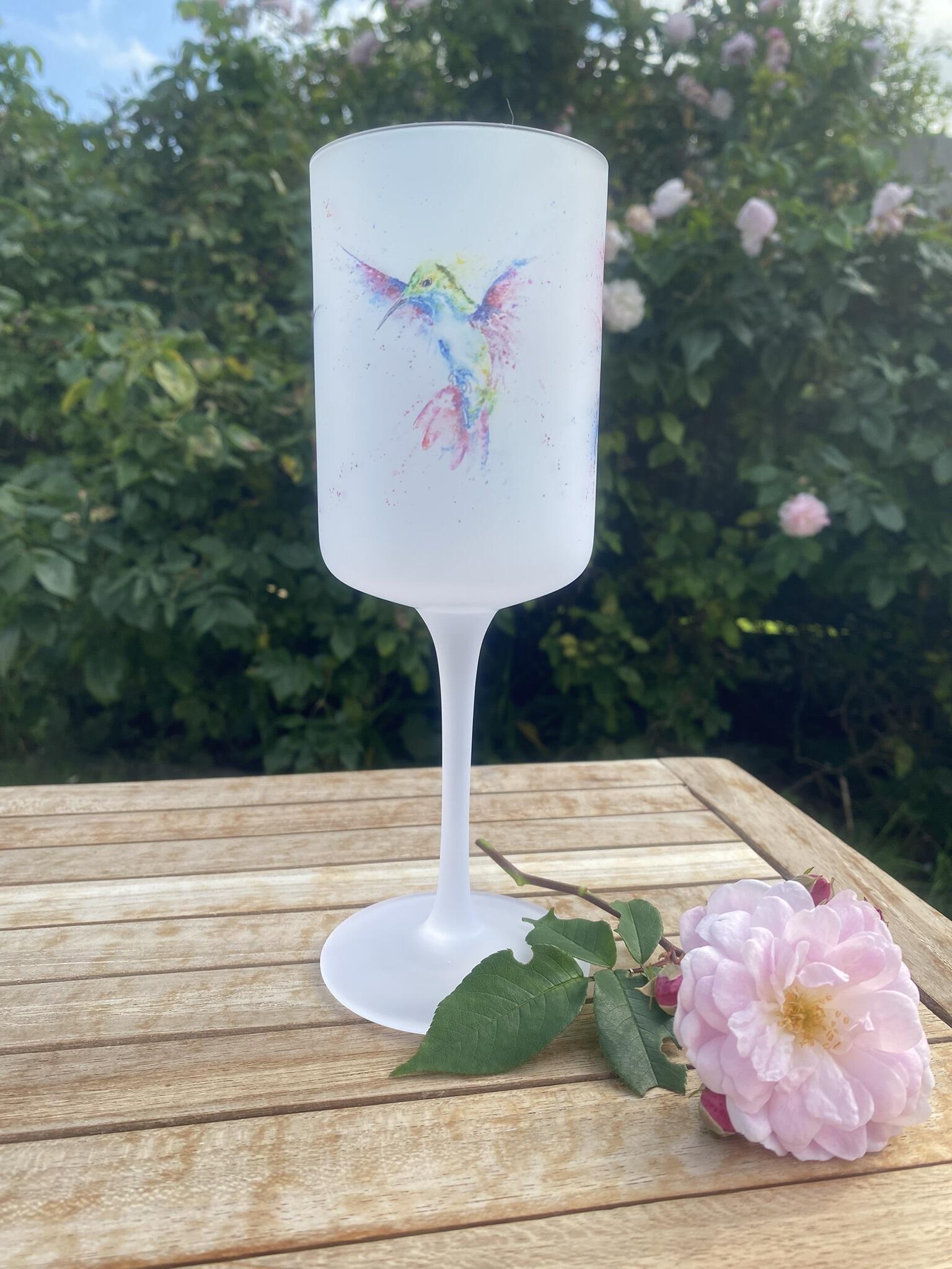 Hummingbirds Watercolour Frosted Wine Glass