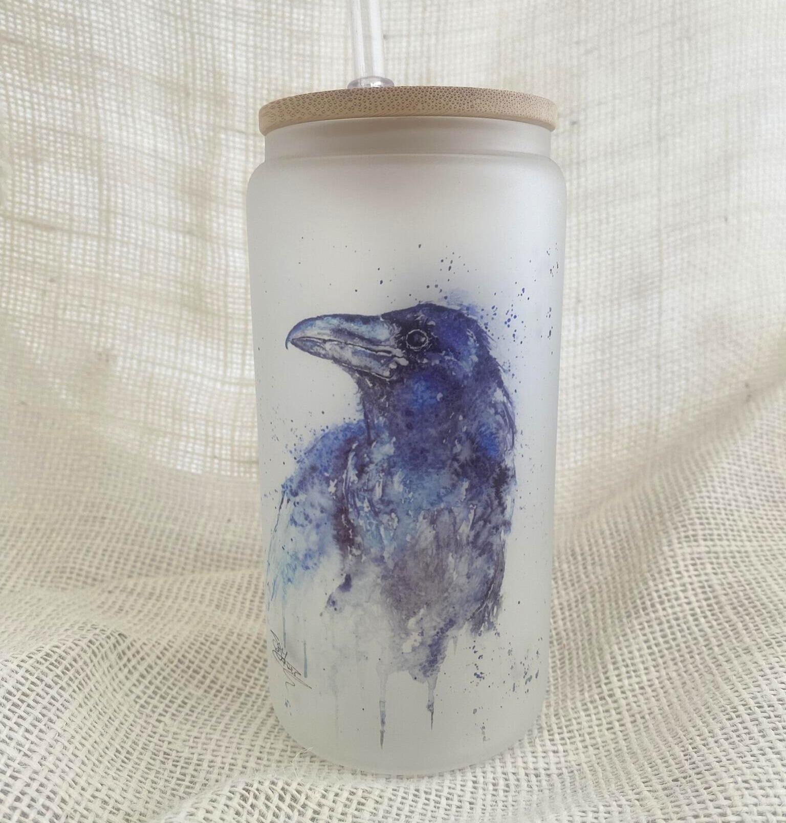 Raven Watercolour | Frosted Glass Tumbler | Gekko Art Gift Ware