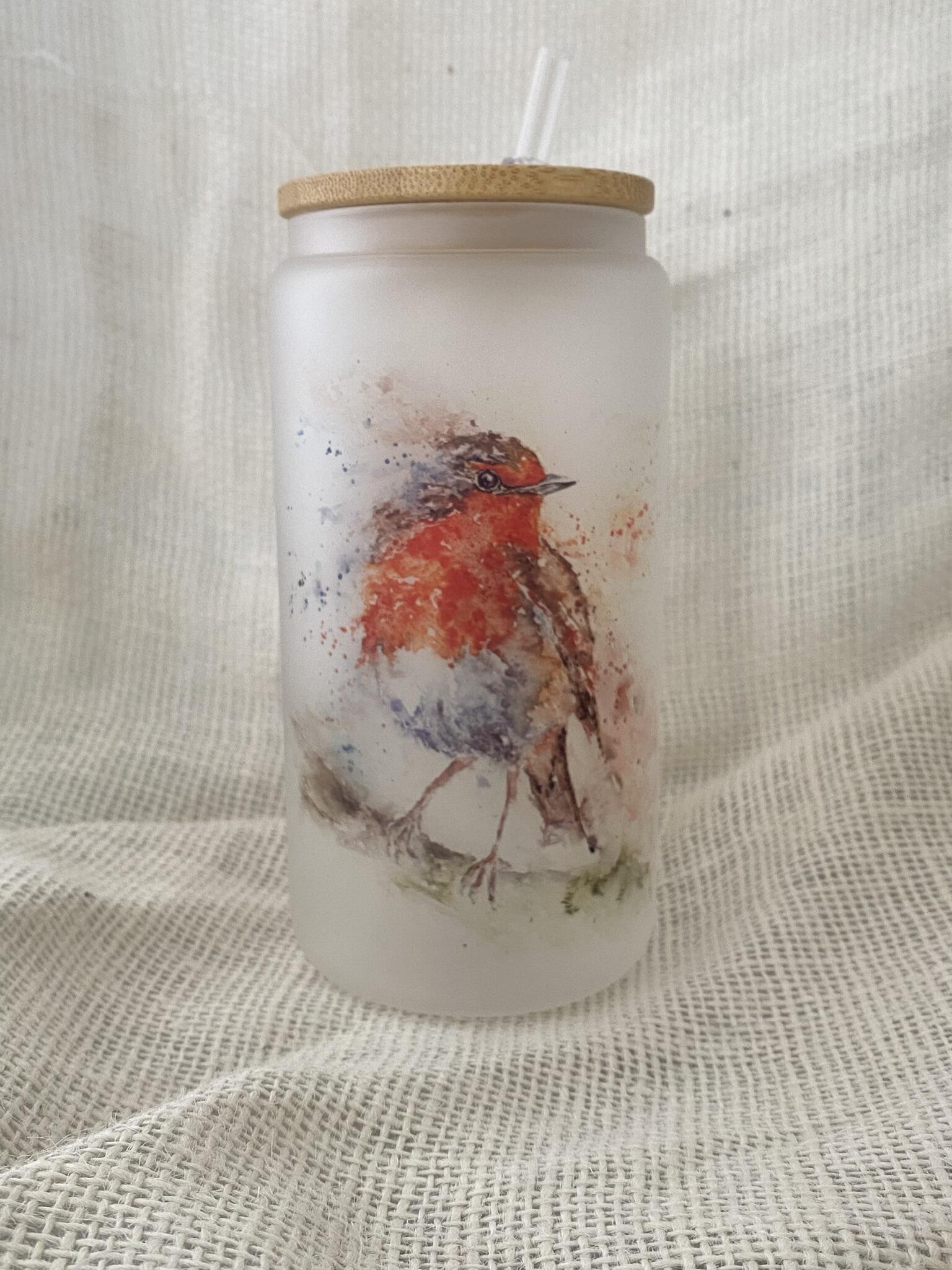 Robin Watercolour | Frosted Glass Tumbler | Gekko Art Gift Ware