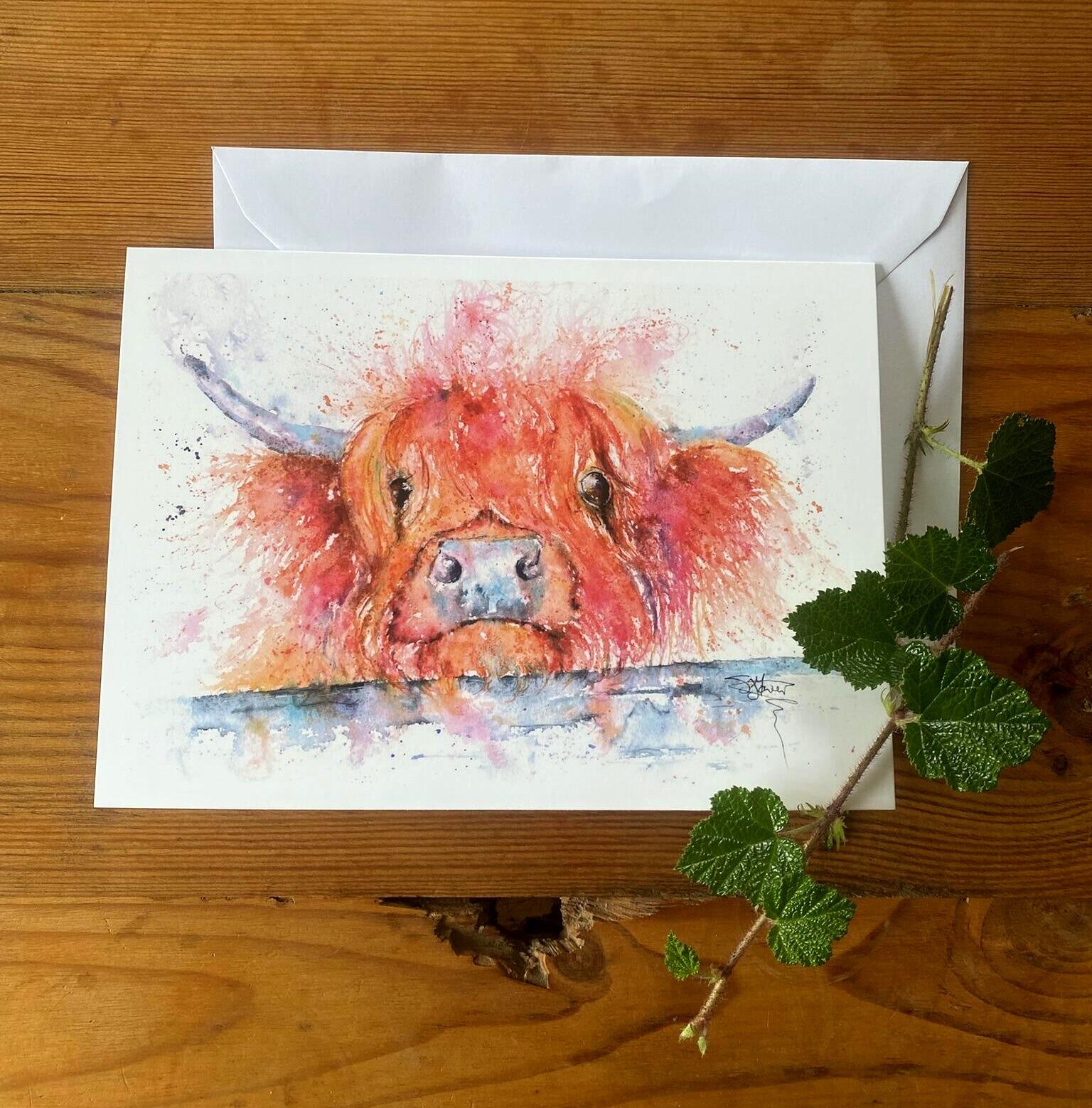 Highland Cow Watercolour Design Greetings Card by Sandi Mower