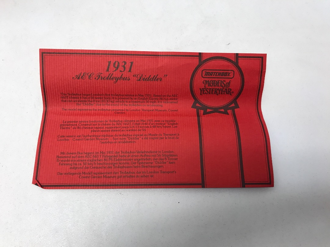 Matchbox Models of Yesteryear Y10 1931 AEC Trolleybus Diddler Die Cast ...