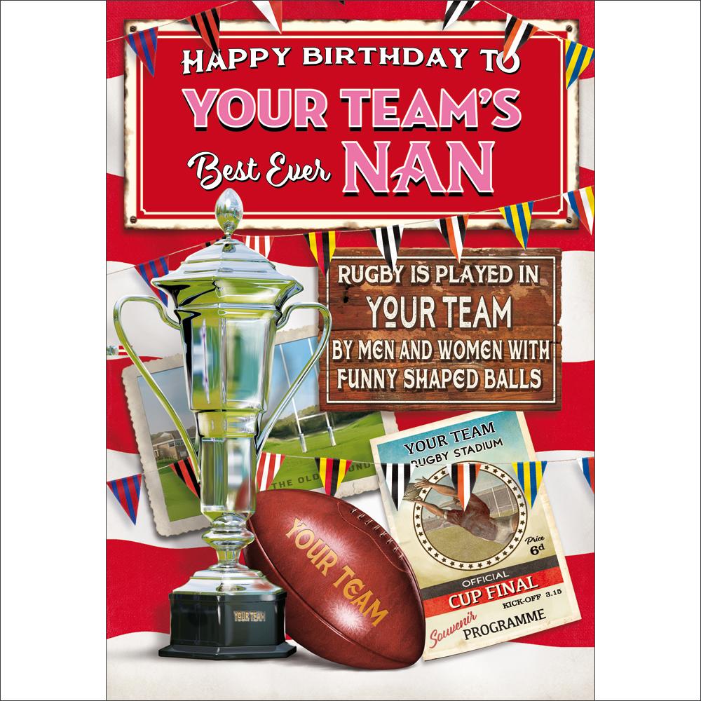 J108-KB Red & White Vintage Rugby : Personalised Birthday Card for a Nan.