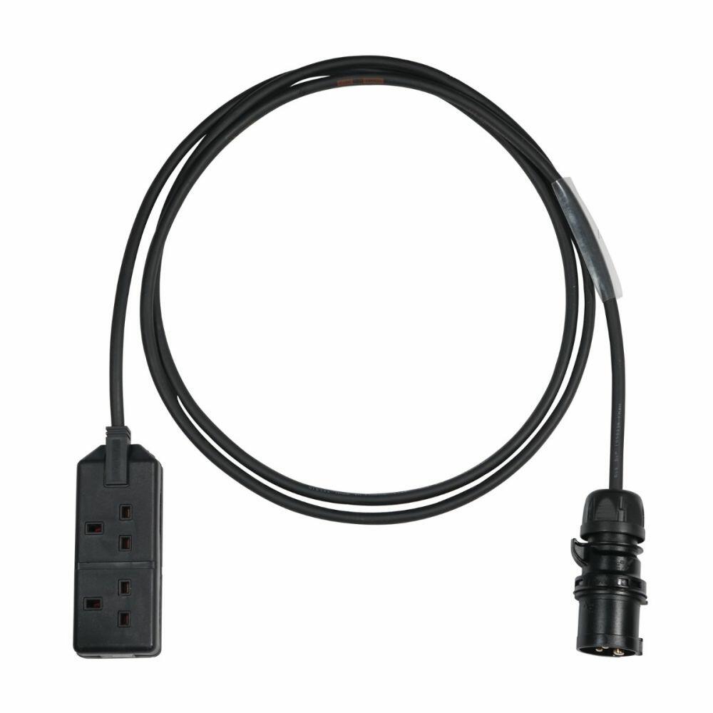 eLumen8 2m 1.5mm PCE Black 16A Plug to 2 Gang 13A Socket Lead - Stagegear