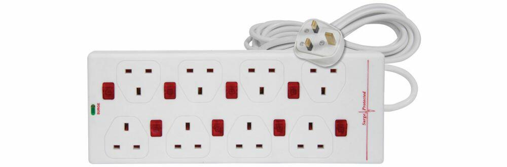 Mercury 8 gang 13A extension lead with anti-surge protection and 8 neon ...
