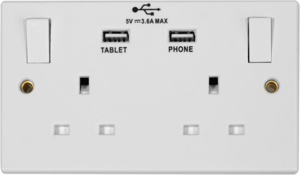 Eagle 2 Gang Switched 13A Socket with 2 x USB Sockets, E341AF