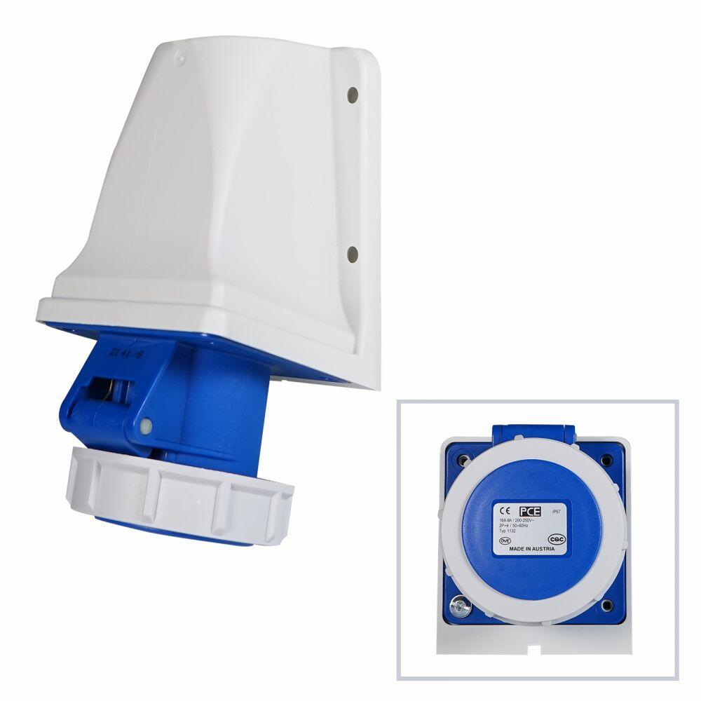 PCE 16A 230V 2P+E Wall Mount Angled Socket (1132-6)