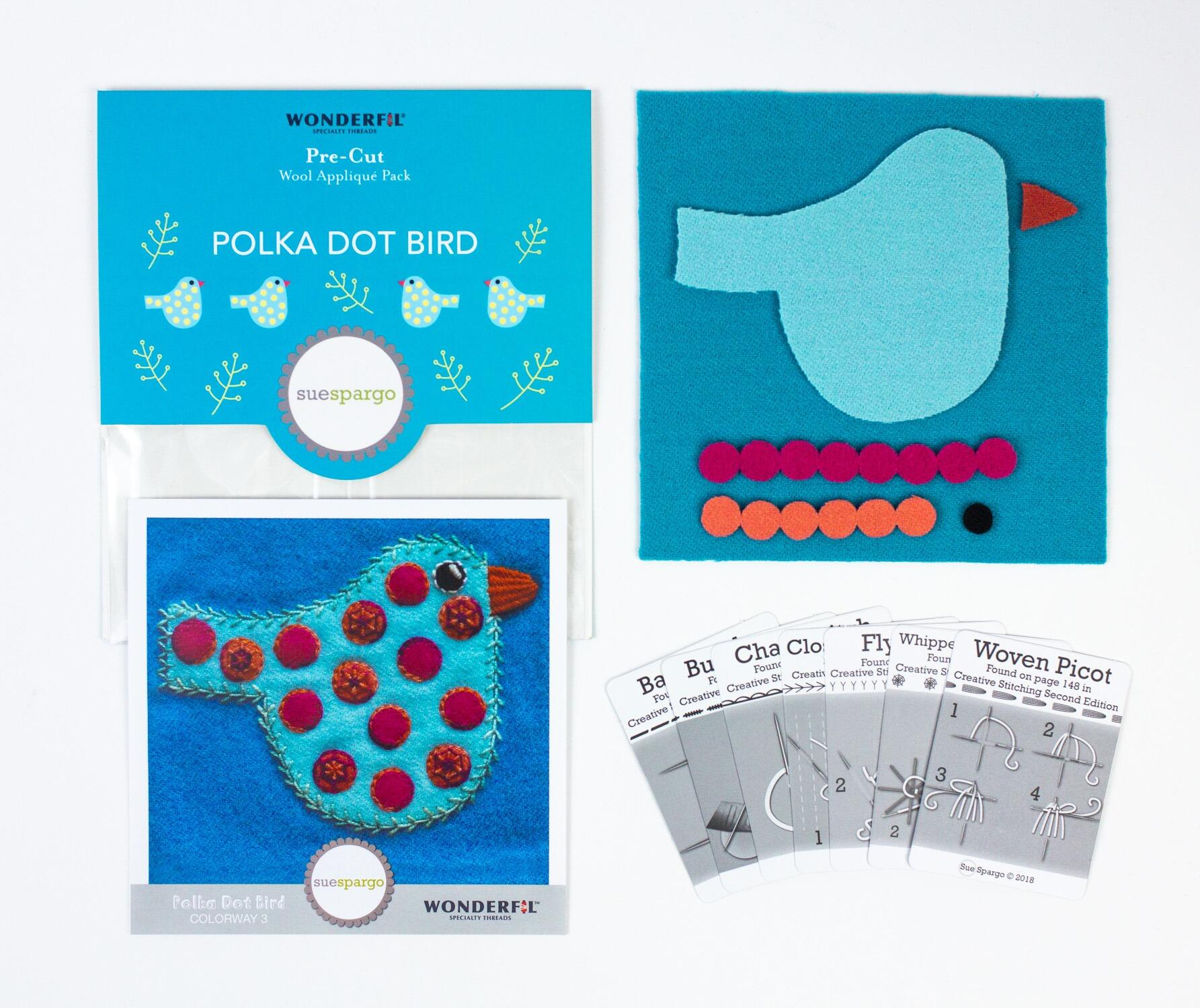 Sue Spargo Polka Dot Bird Pre-Cut Wool Applique Kit (Colourway 3)