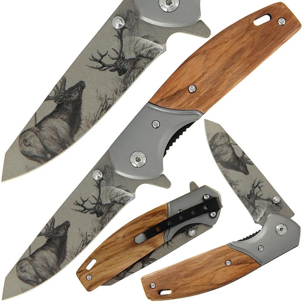 Deer Design with Zebra Wood Handle Lock Knife (375)