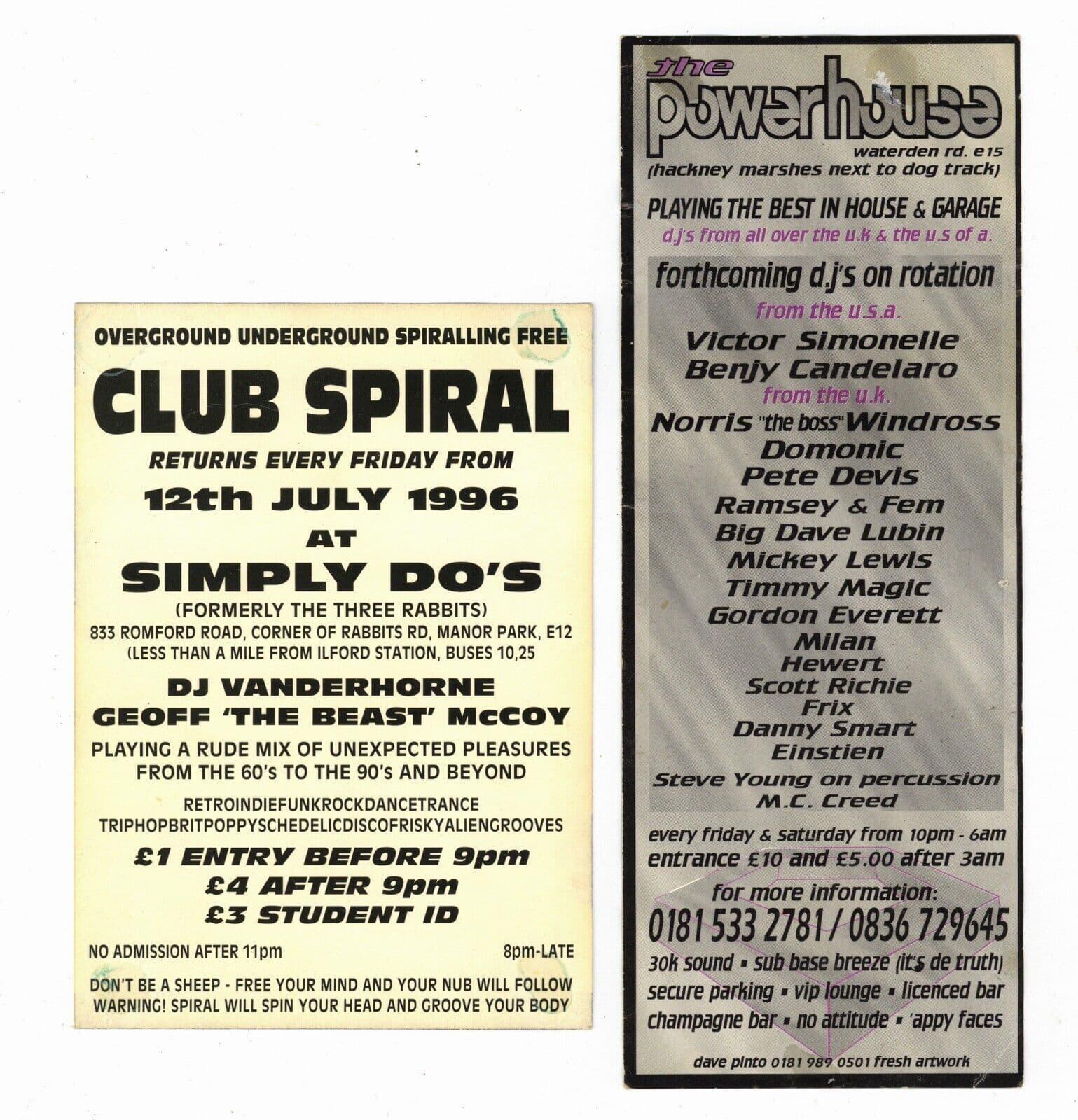 Club Spiral & Powerhouse Techno Acid Rave Flyers 1990s