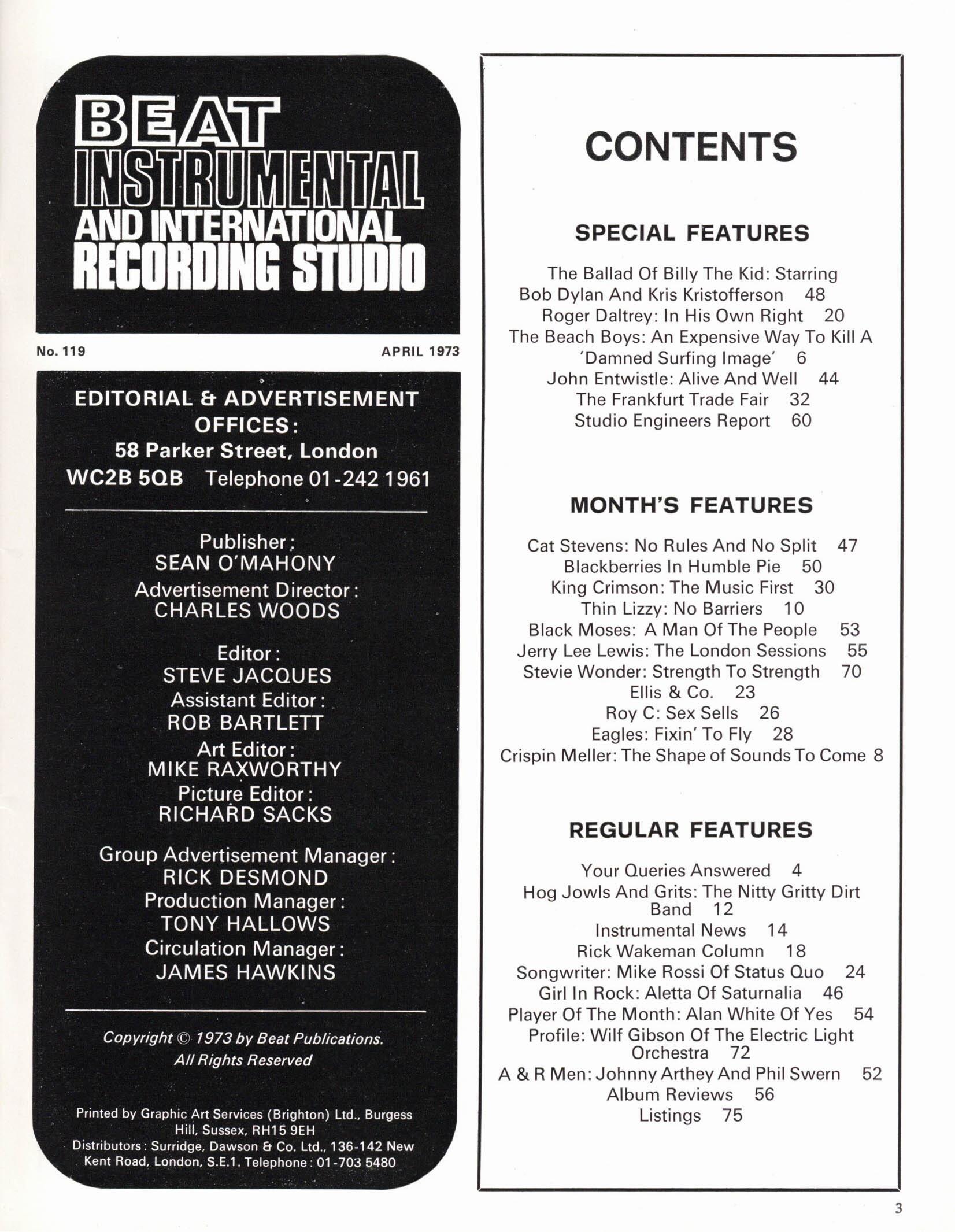 Beat Instrumental Magazine No 119 April 1973 Bob Dylan King Crimson ...