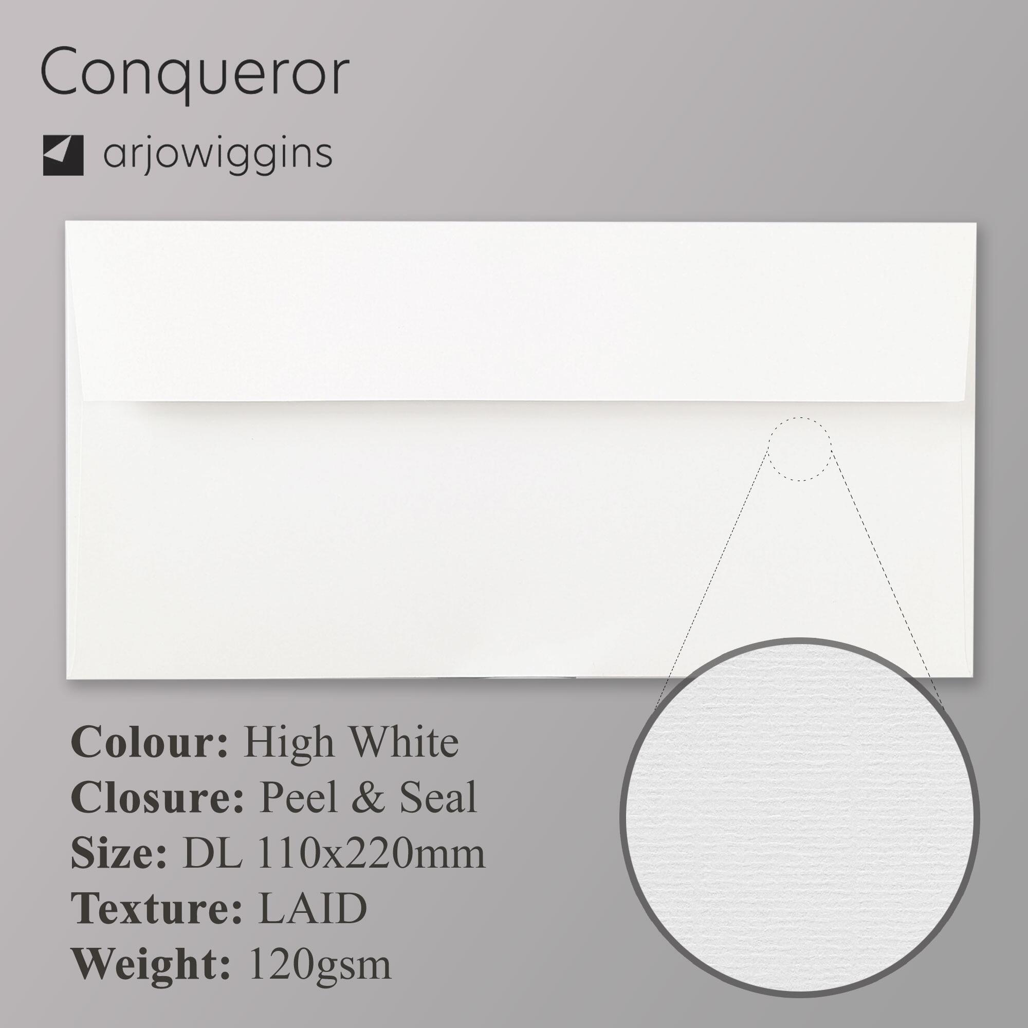 Conqueror High White DL Envelopes Premium 120gsm LAID Peel & Seal 110x220mm