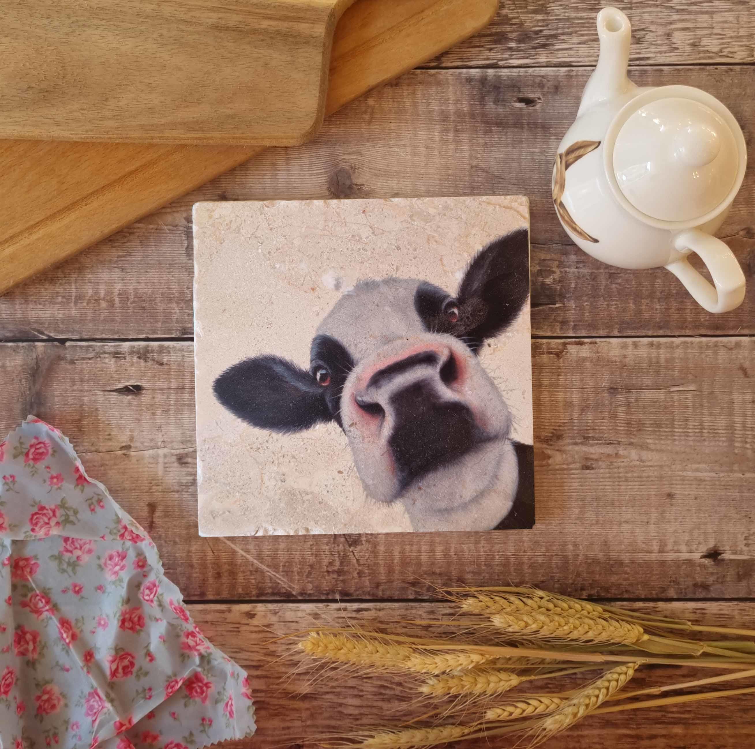 Lucy's Farm handcrafted Baby Highland Moo Cow Travertine Stone Pot stand