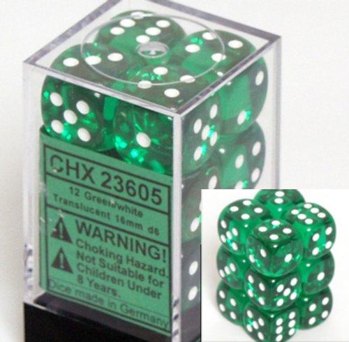 Green Translucent Dice 16mm (12 Dice) by Chessex