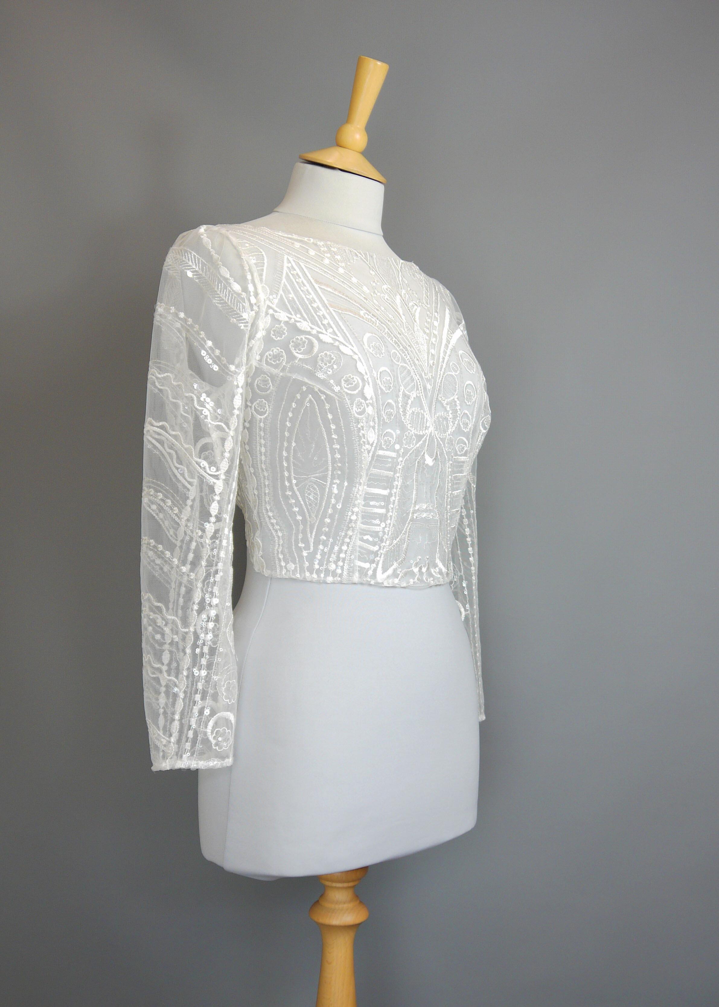 Size UK 22 - Fitted Top in Art Deco Lace with Full Length Fitted Sleeves