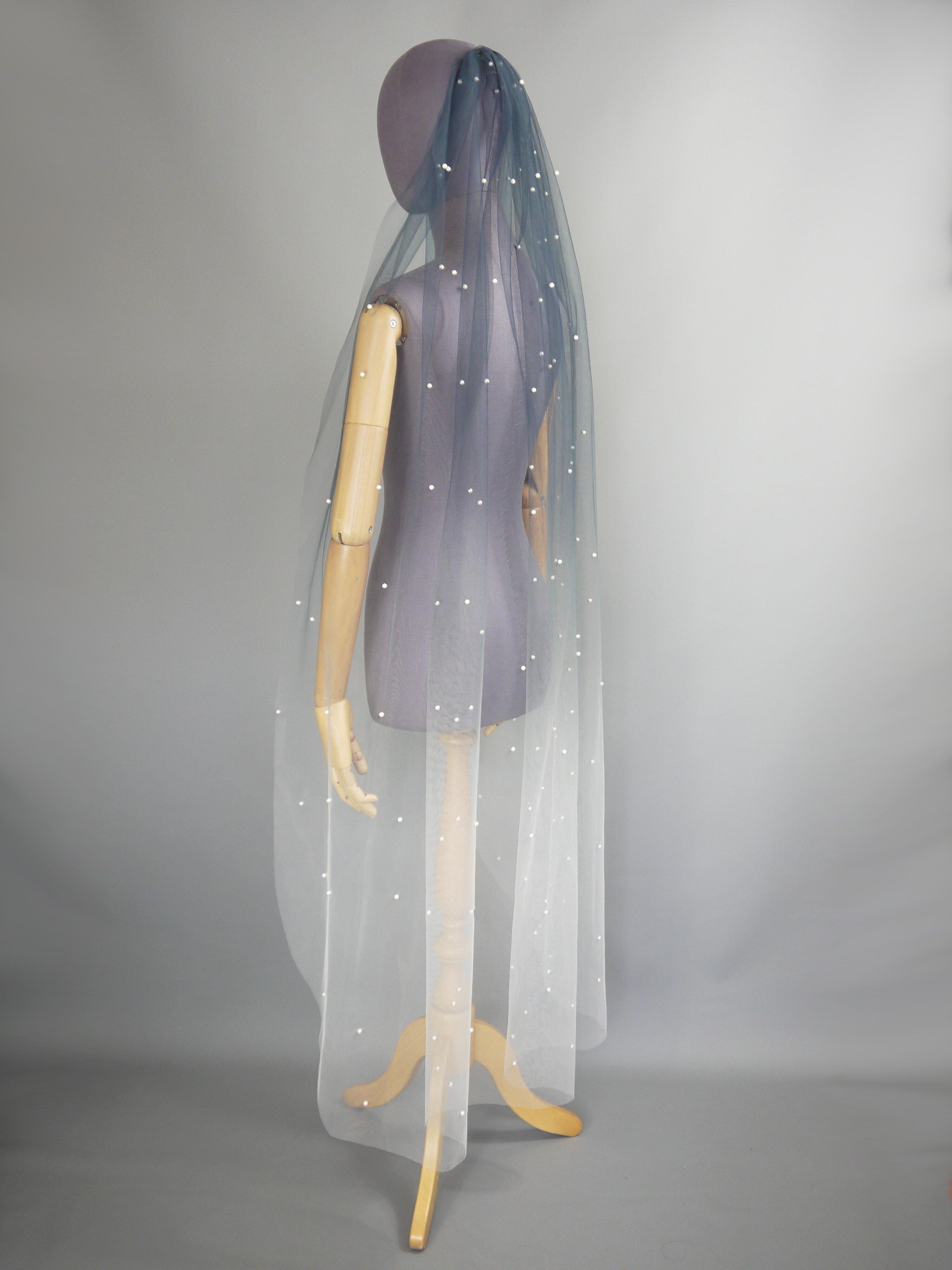 Gothic Grey Ombre Veil with Pearls - Floor Length