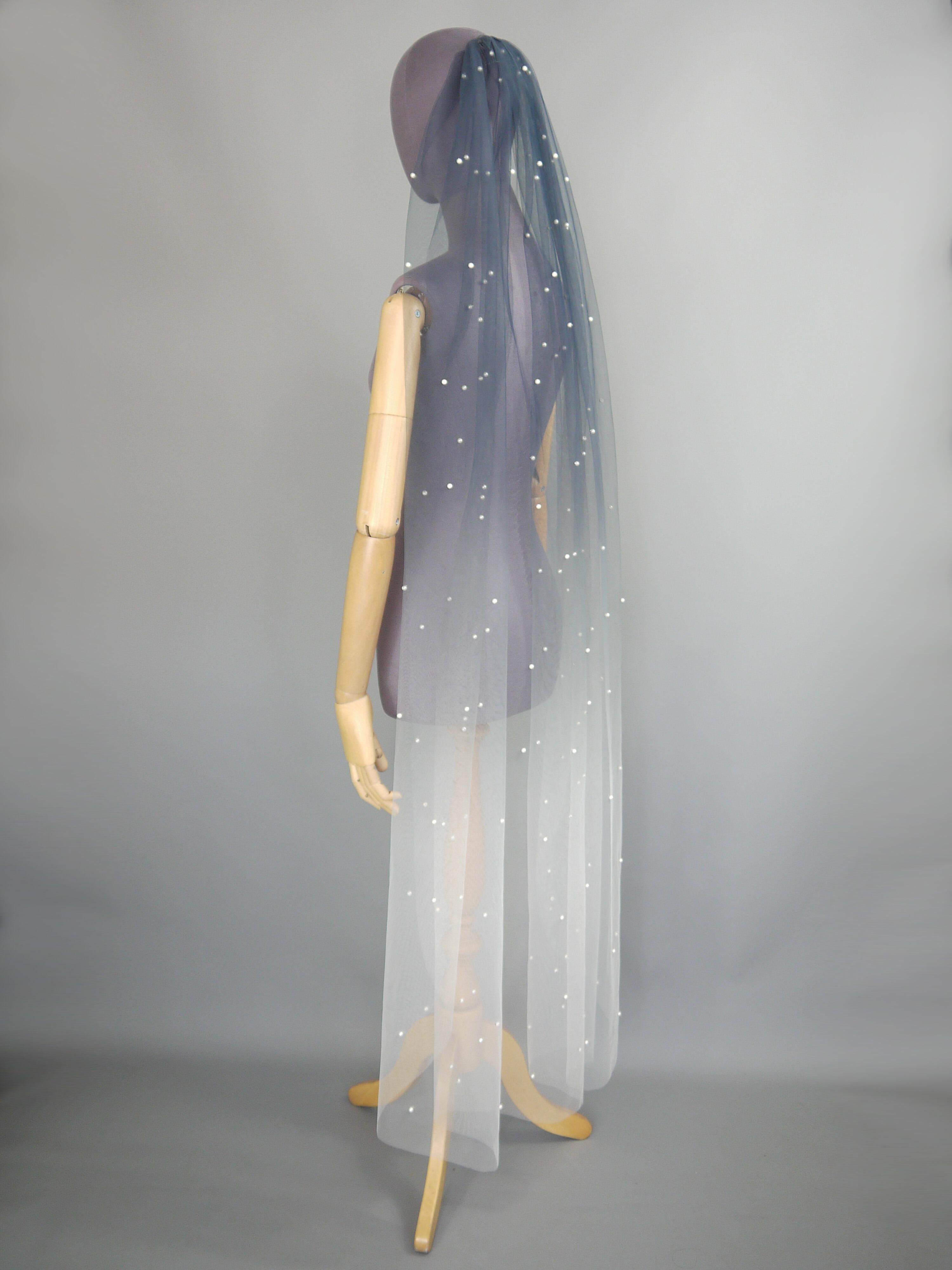 Gothic Grey Ombre Veil with Pearls - Floor Length