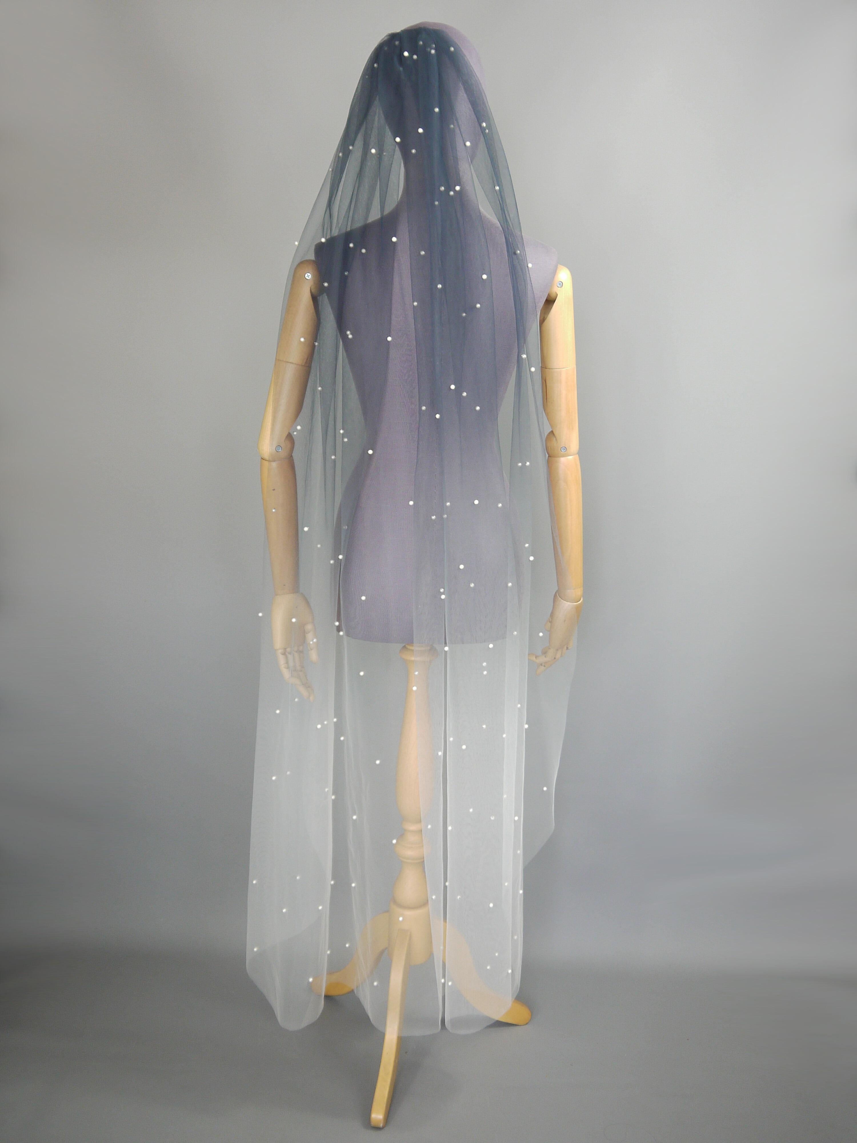 Gothic Grey Ombre Veil with Pearls - Floor Length