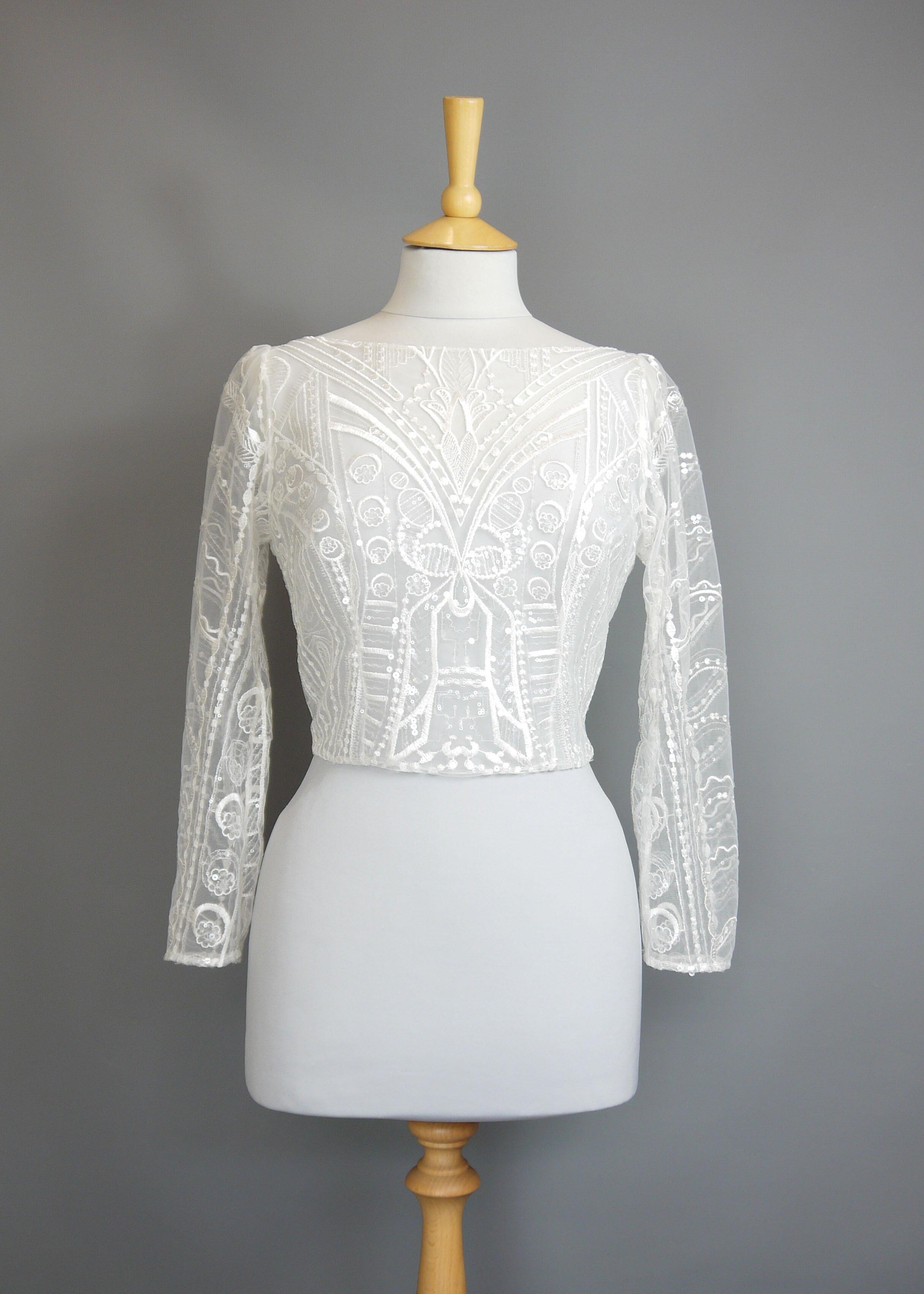 Size UK 22 - Fitted Top in Art Deco Lace with Full Length Fitted Sleeves