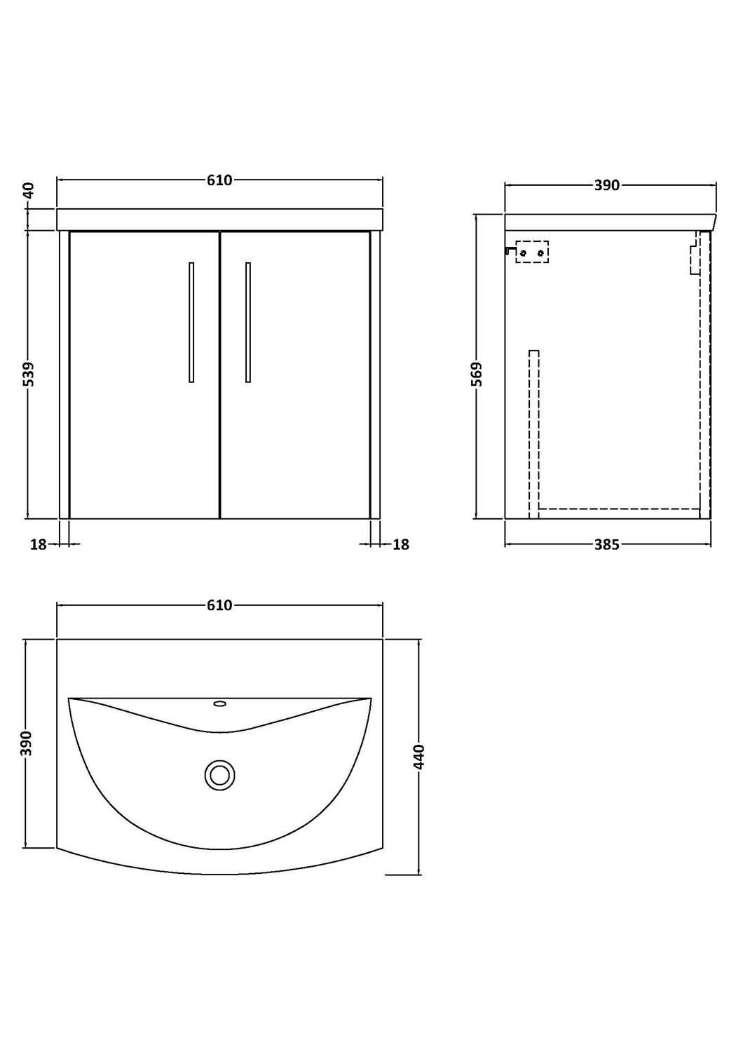 Hudson Reed Juno White 600mm Wall Hung 2-Door Vanity & Basin 4 Bathroom ...