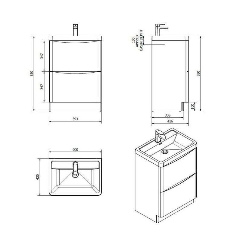 Jupiter Bali Chestnut 600mm 2 Drawer Floorstanding Vanity Unit With ...