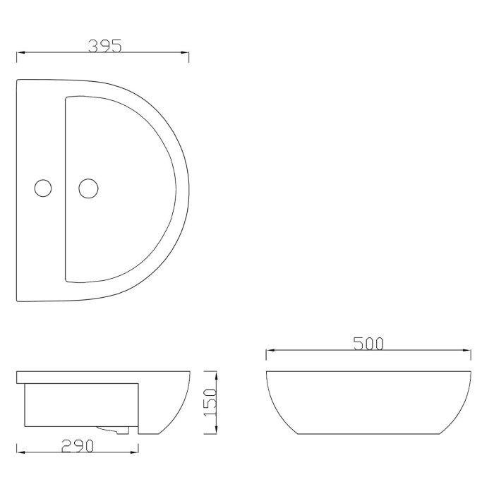 Jupiter D-Shaped Semi Recessed Ceramic Basin 500mm Wide 1 Tap Hole BAS015