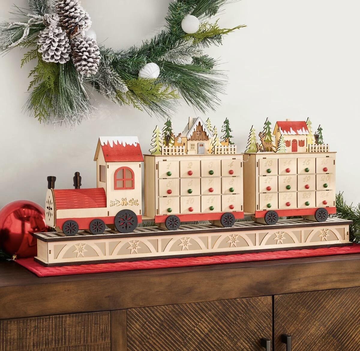 Train Village LED Advent Calendar 33 Inch Wooden Christmas Countdown