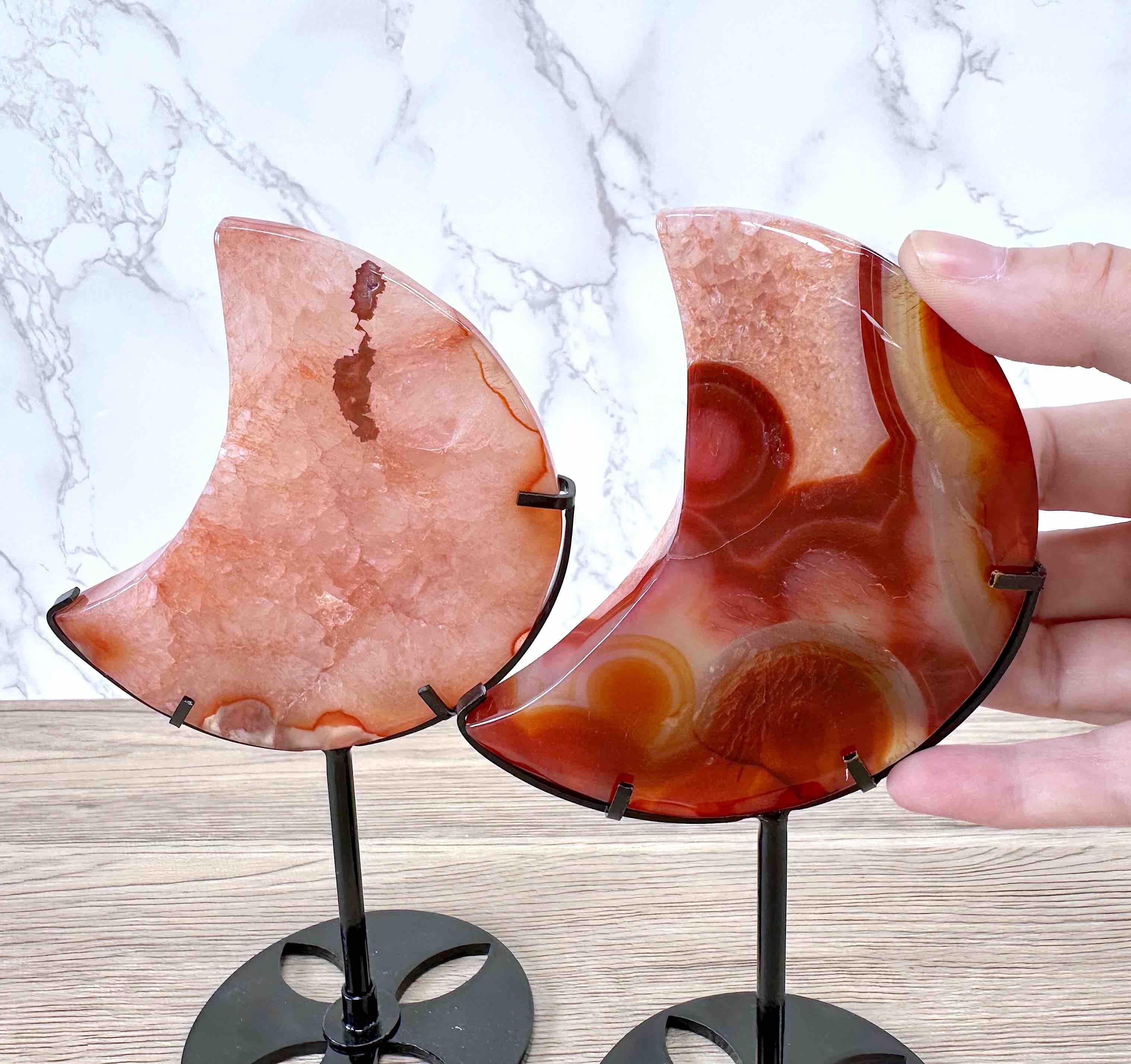 Carnelian Moon Slices on Metal Stands – Energise Your Space