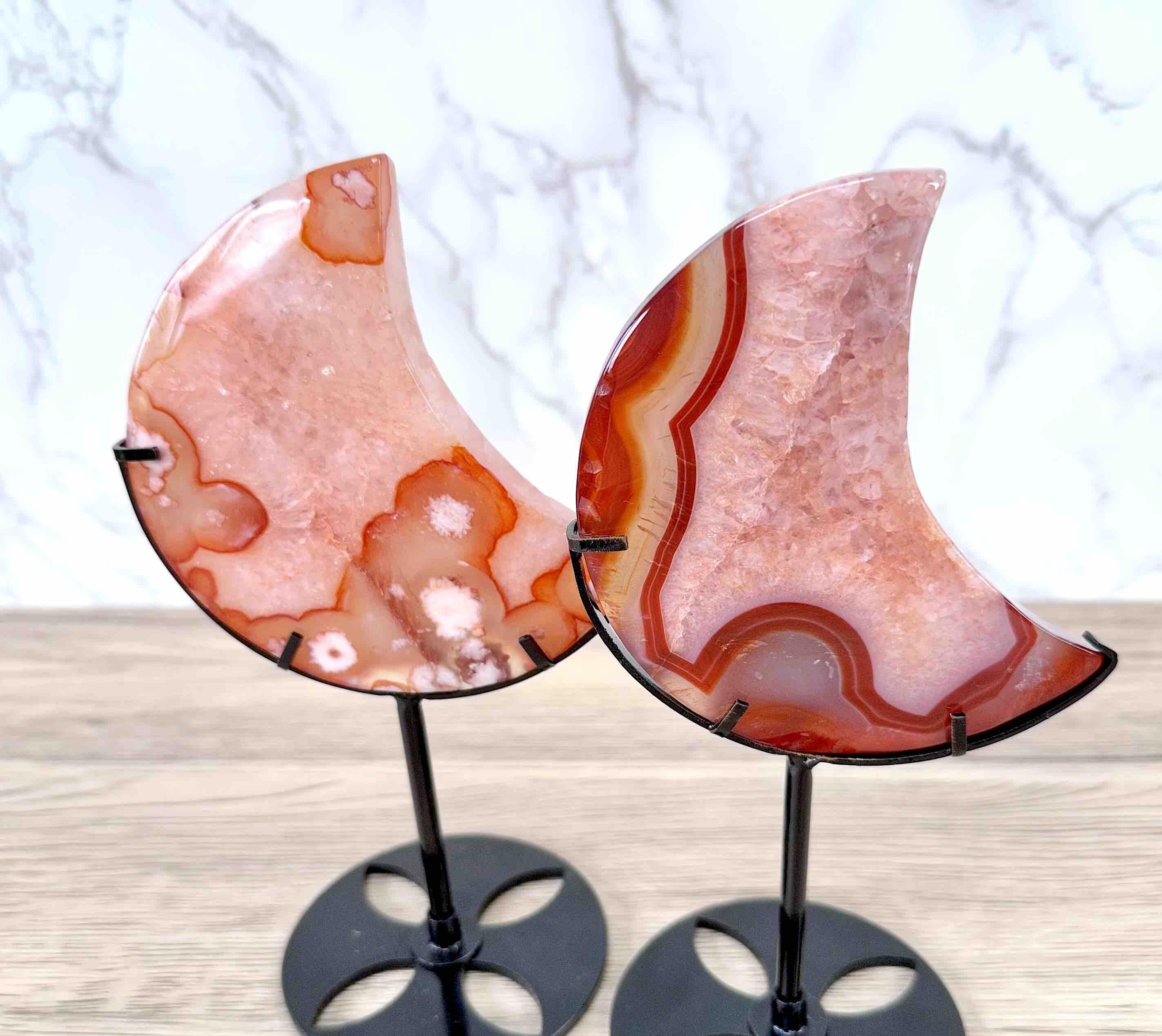 Carnelian Moon Slices on Metal Stands – Energise Your Space