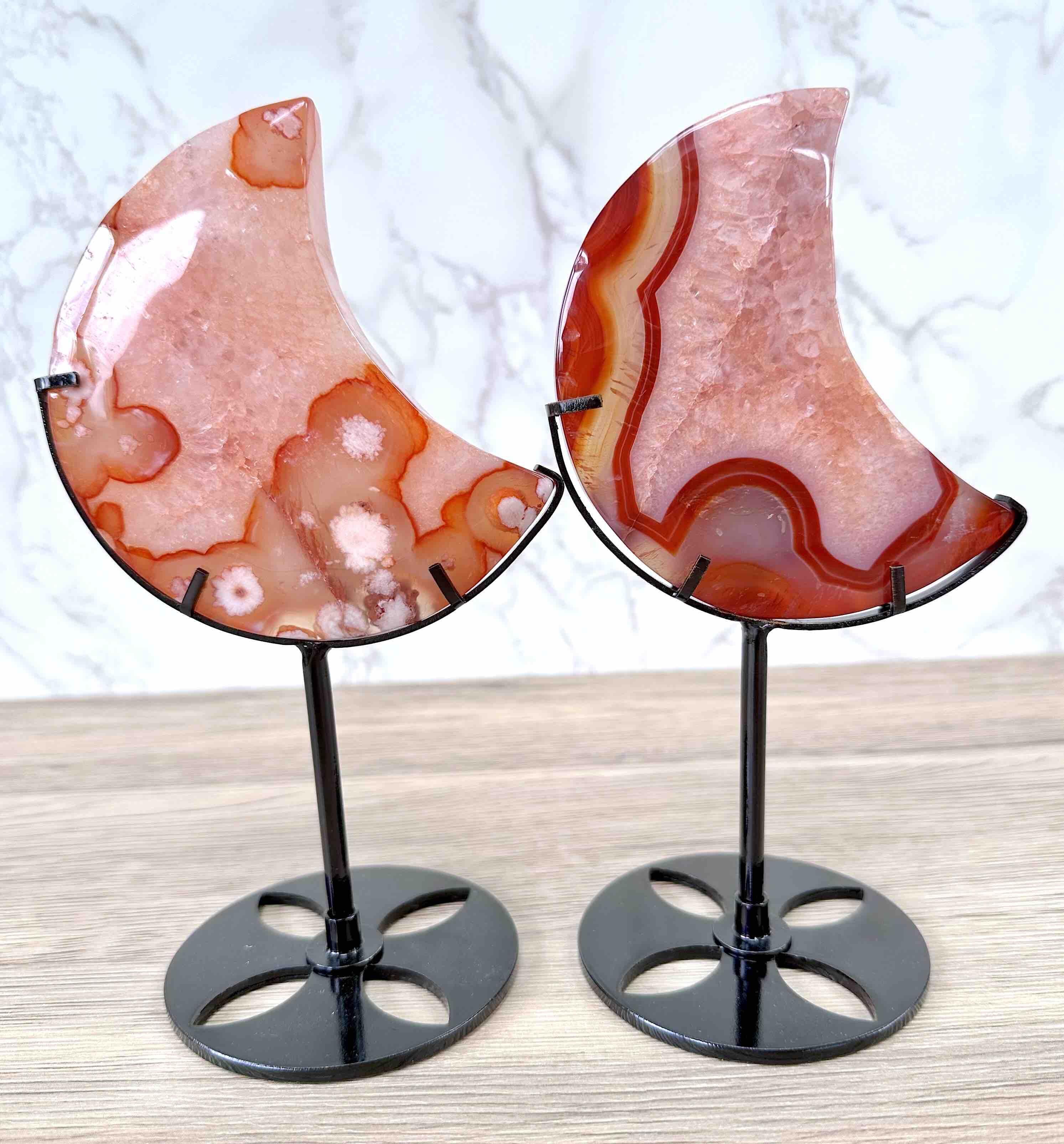Carnelian Moon Slices on Metal Stands – Energise Your Space