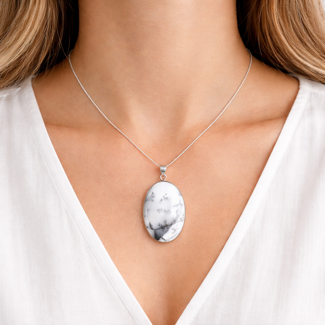 Merlinite Pendant | Sterling Silver Oval Crystal Necklace