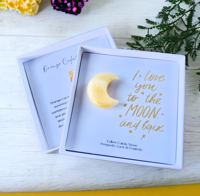 Yellow Calcite Crystal Moon Gift Box - "I Love You To The Moon & Back"