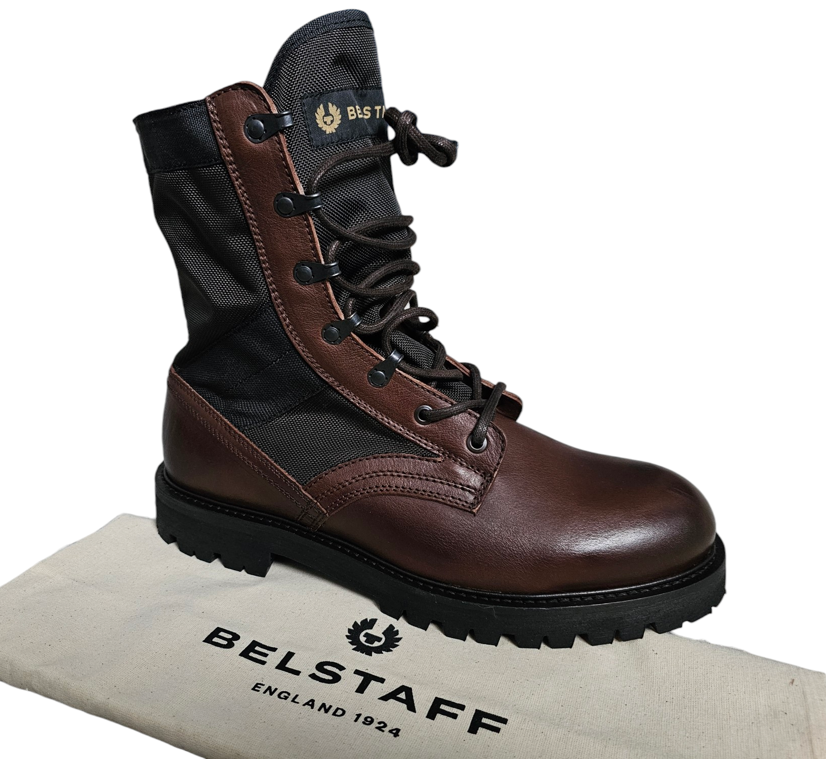 BELSTAFF TROOPER LACE UP BOOTS COGNAC LEATHER & CANVAS