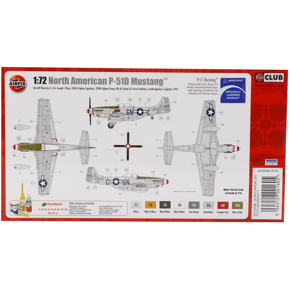 Airfix P-51D Mustang North American Aircraft Model Kit A01004B Scale 1/72