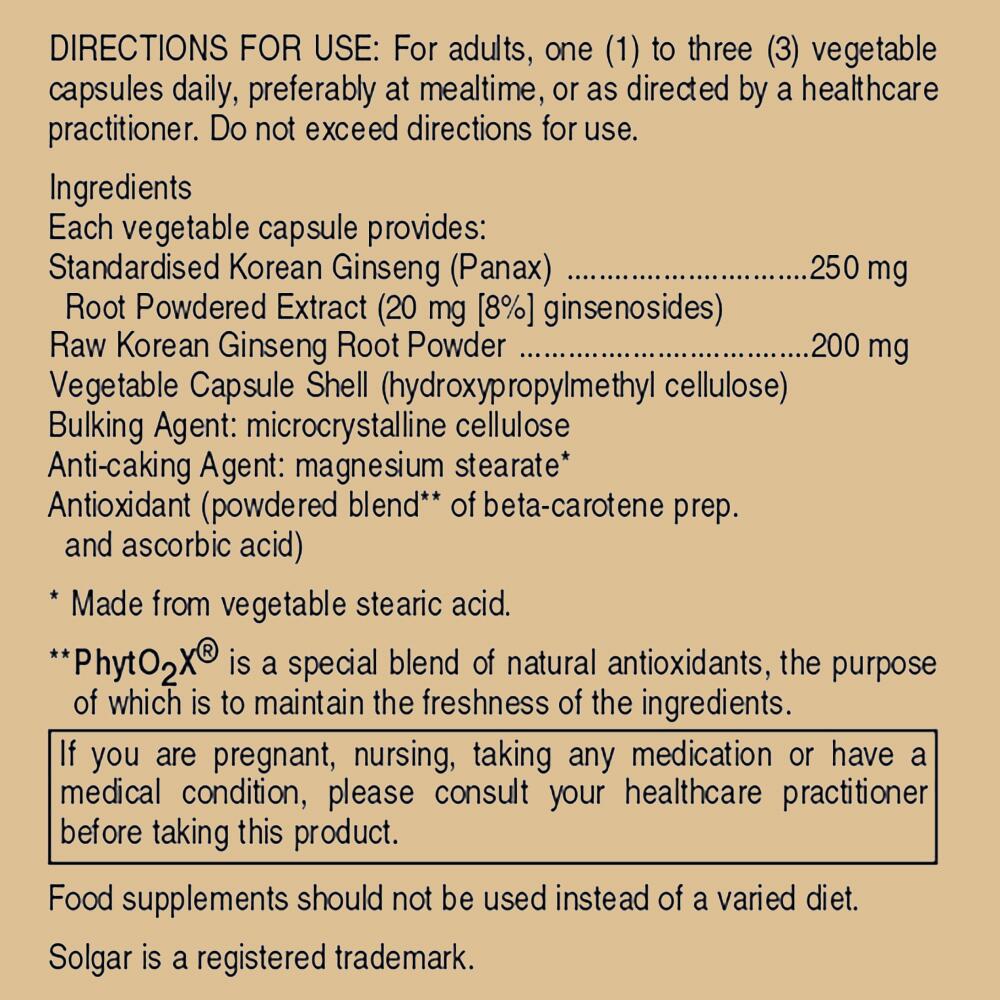 Solgar Korean Ginseng Root Extract 60 Vegetable Capsules