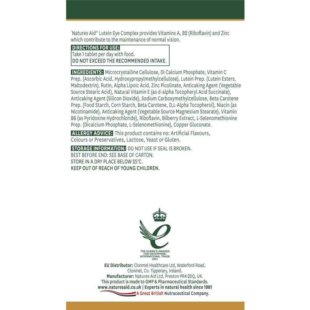 Natures Aid Lutein Eye Complex with Vitamin A, B2 & Zinc - 90 Tablets