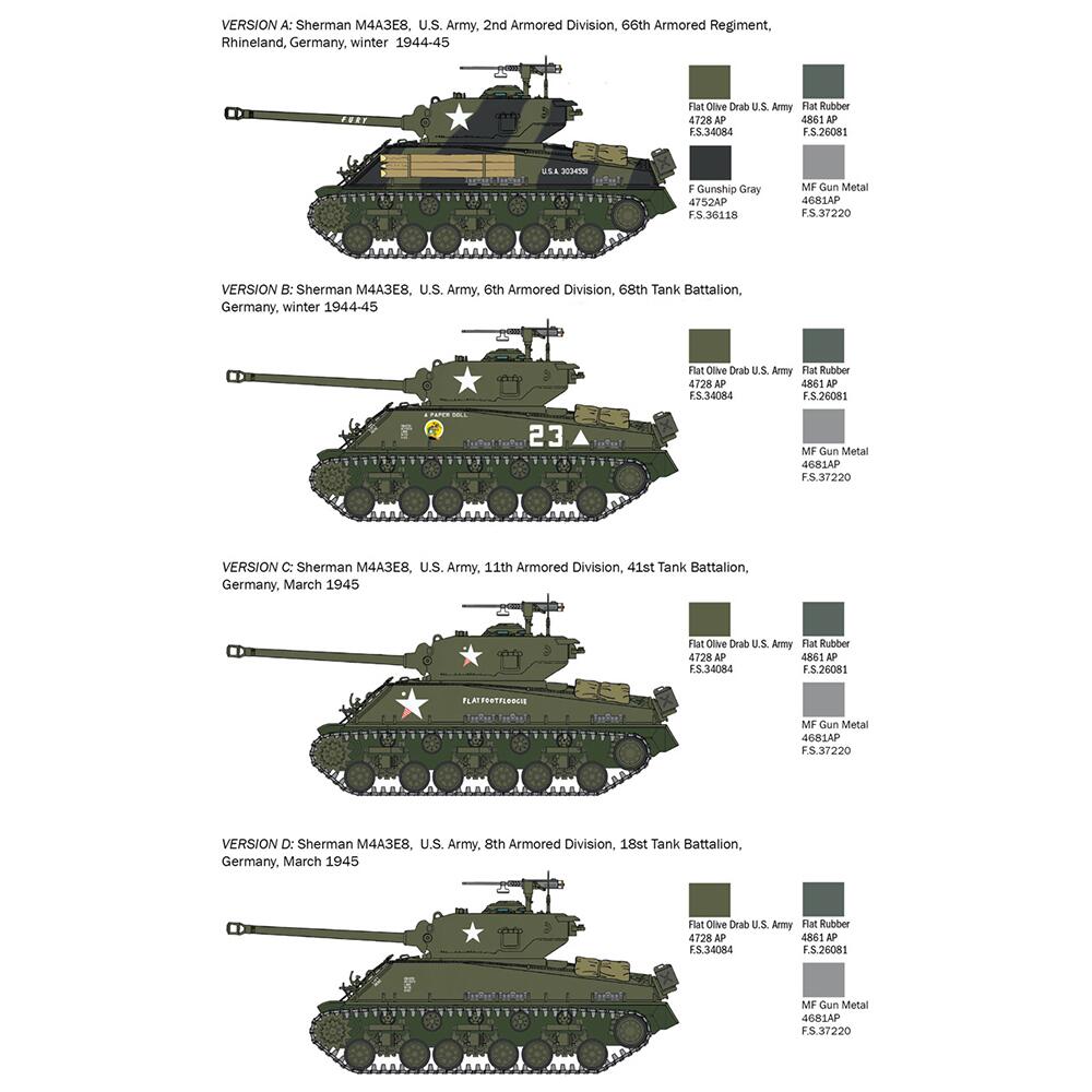 Italeri Sherman M4A3E8 Fury Tank WWII Model Kit Scale 1:56