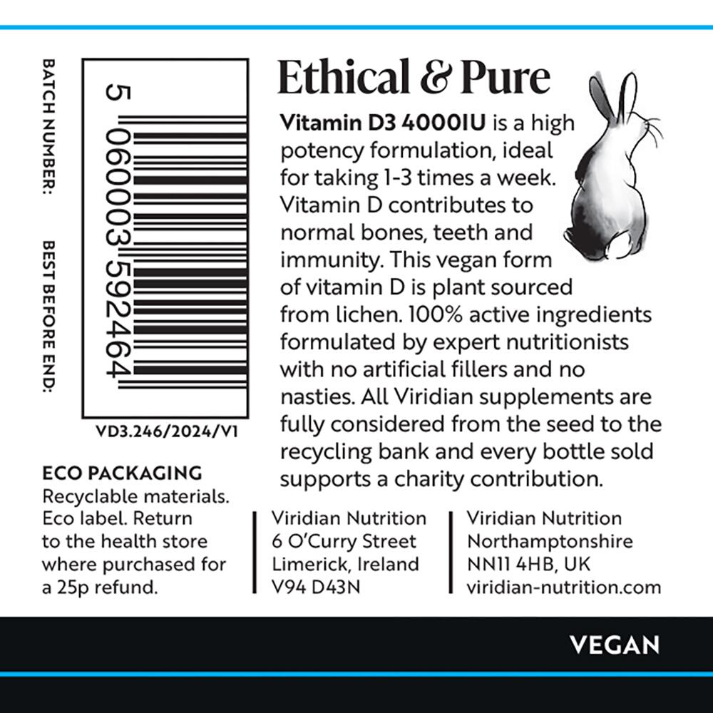 Viridian Vitamin D3 4000IU Food Supplement 90 Capsules