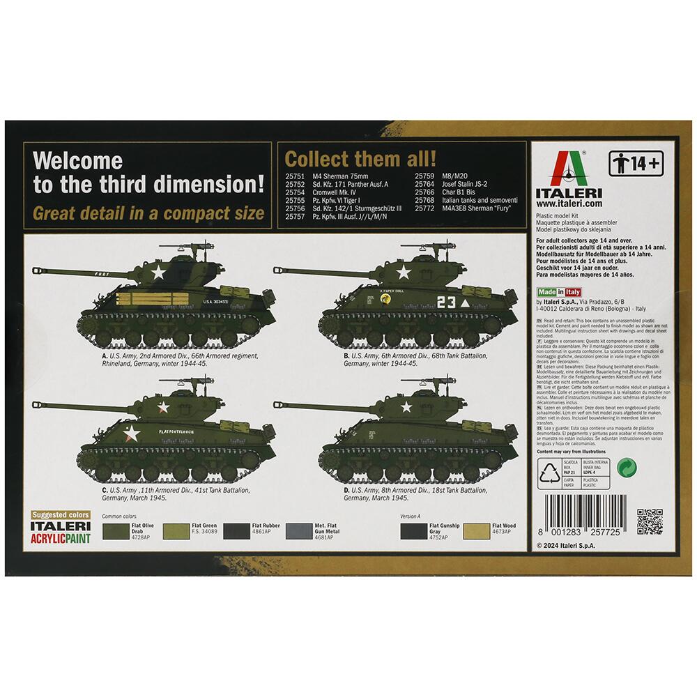 Italeri Sherman M4A3E8 Fury Tank WWII Model Kit Scale 1:56