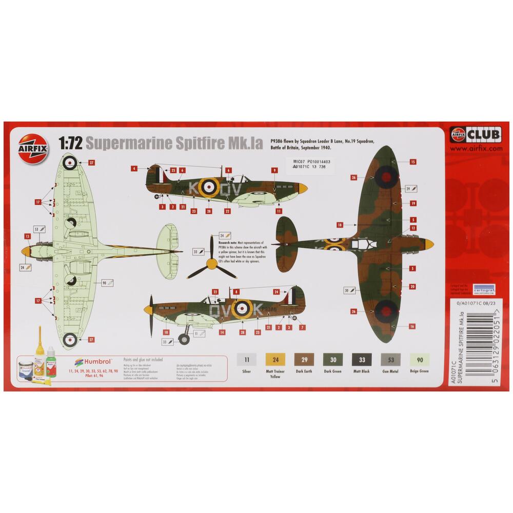 Airfix Supermarine Spitfire Mk.Ia Aircraft Model Kit A01071C Scale 1:72