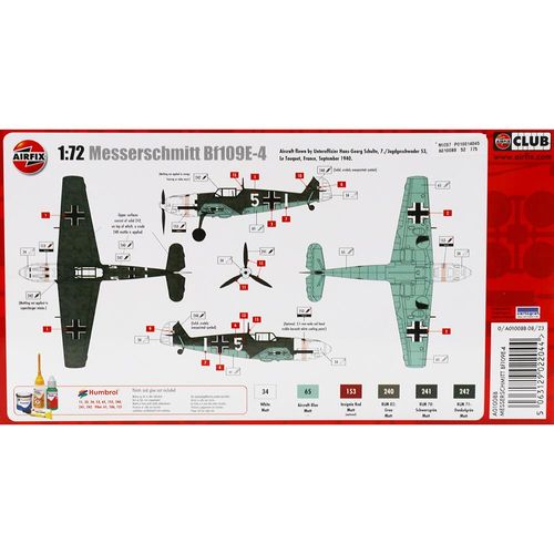Airfix Messerschmitt Bf109E-4 WWII Aircraft Model Kit Scale 1/72