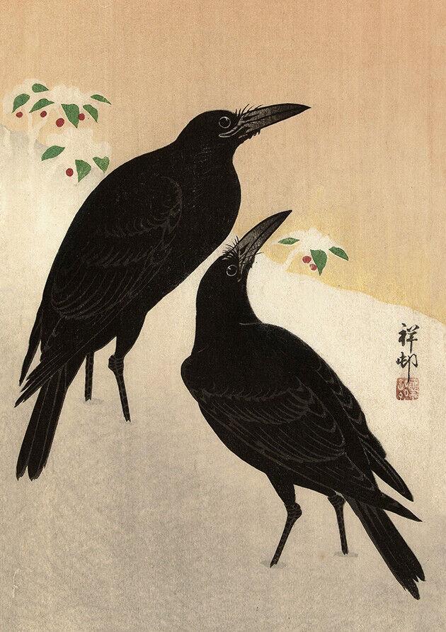 Vintage Japanese Crows in snow (1936) Ohara Koson wall art poster print
