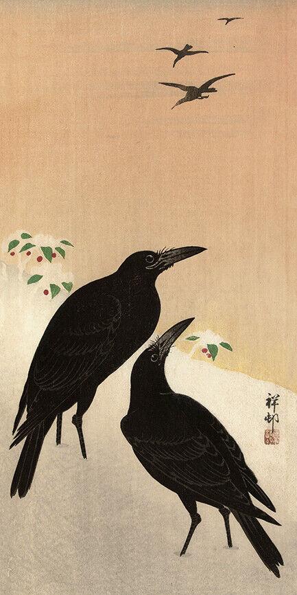 Vintage Japanese Crows in snow (1936) Ohara Koson wall art poster print