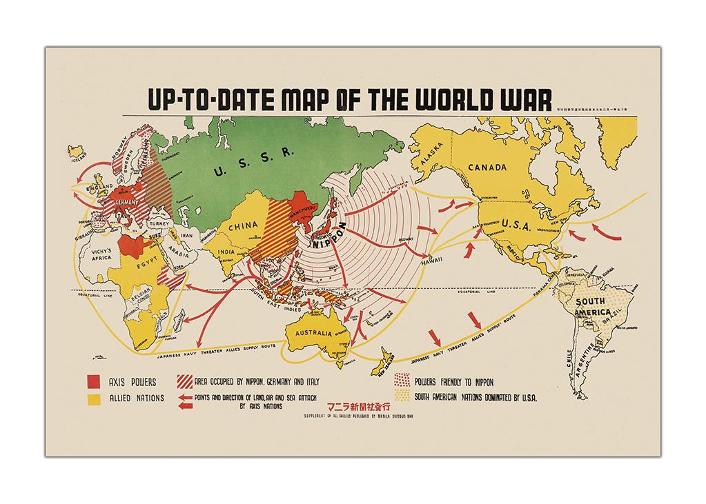 Up-to-date map of WW2 (1942) Manila Shinbun-sha wall art poster print