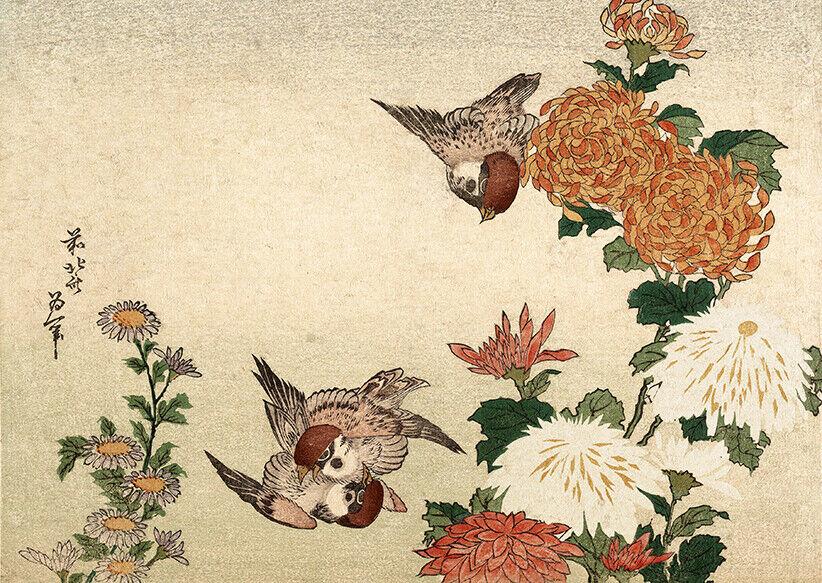 Sparrows and Chrysanthemums (1825) Hokusai Vintage Japanese birds wall ...